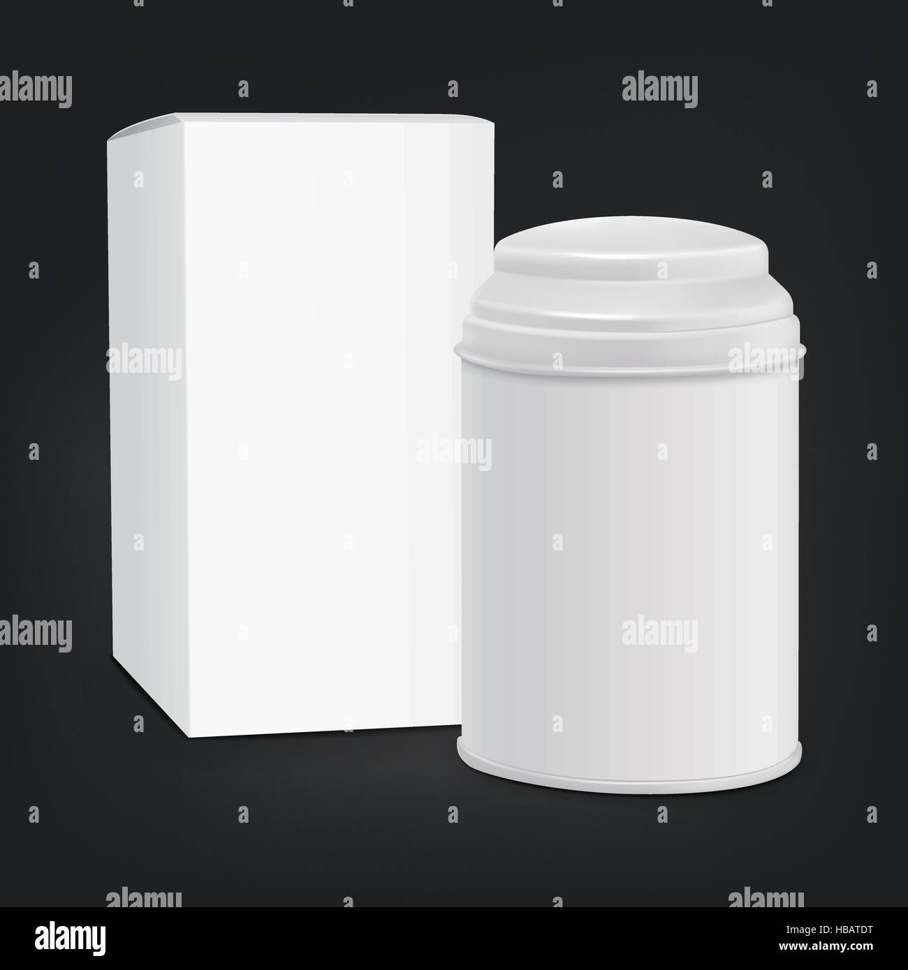 white round tin packaging with paper box isolated on black background ...