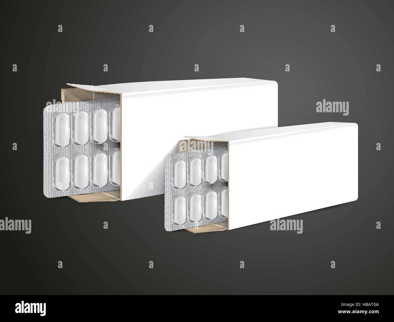 pills with white package paper box isolated on black background Stock ...