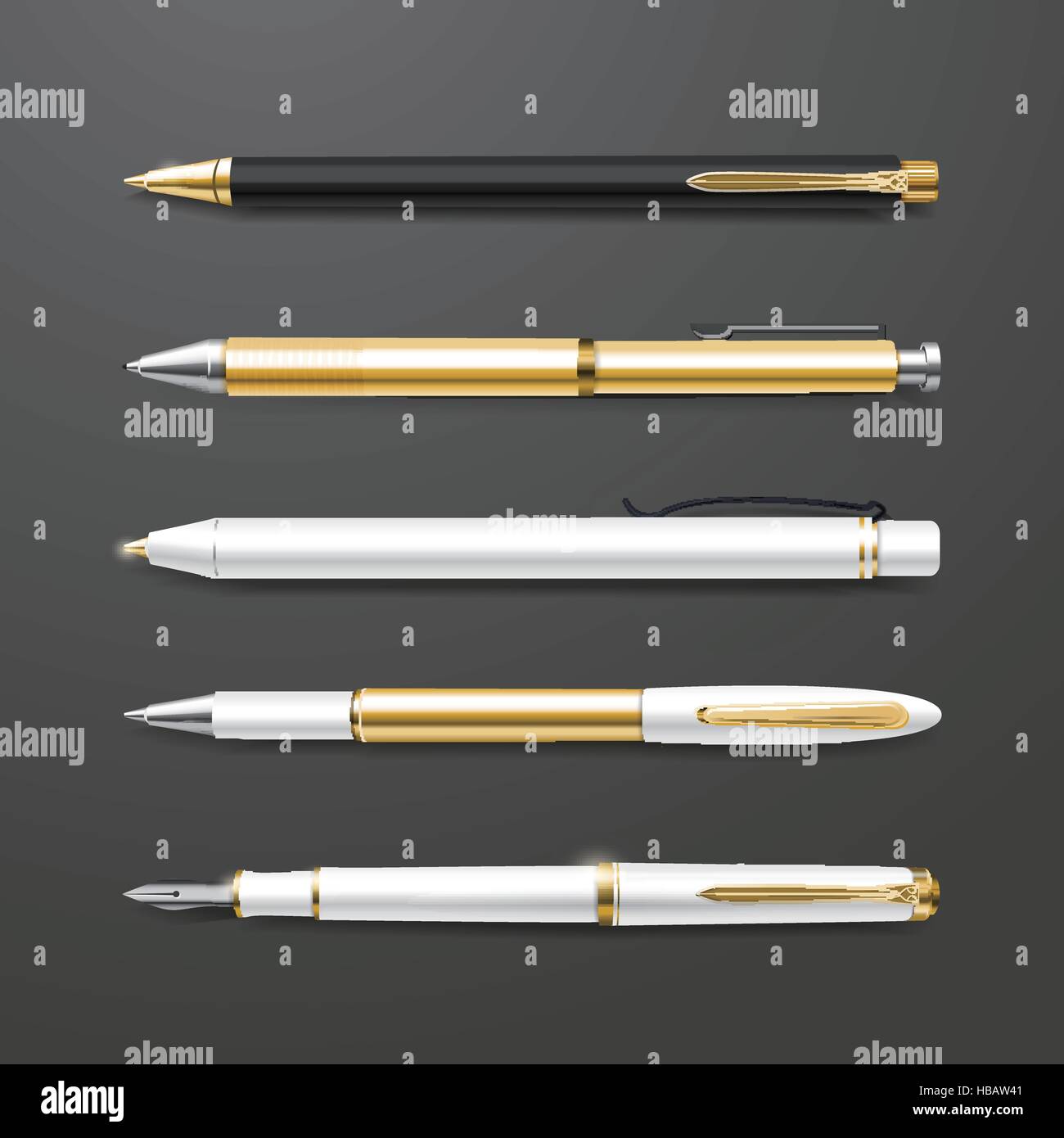 graceful gold pens set isolated on black background Stock Vector Image ...