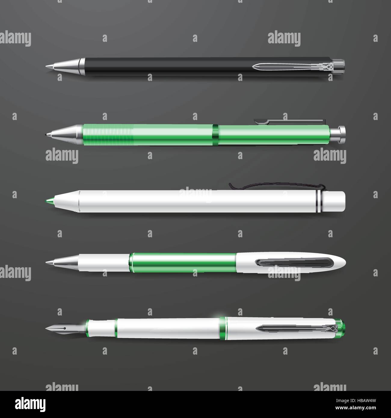 graceful green pens set isolated on black background Stock Vector Image ...