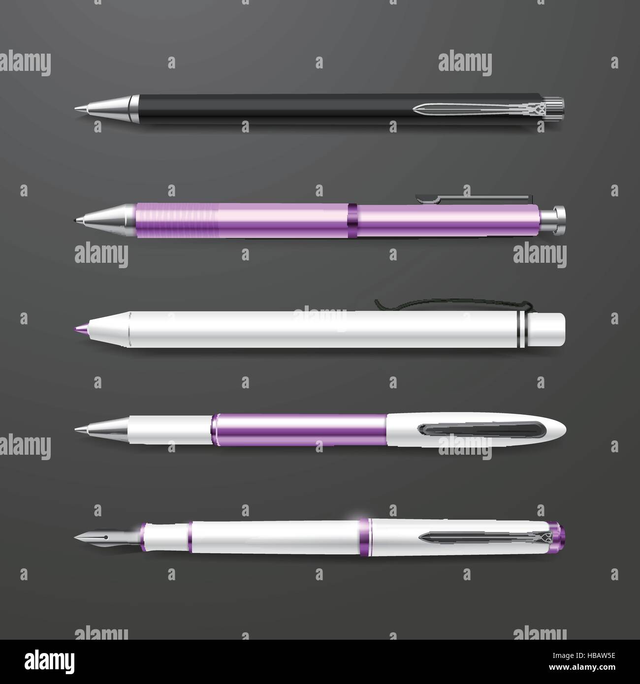 graceful purple pens set isolated on black background Stock Vector ...