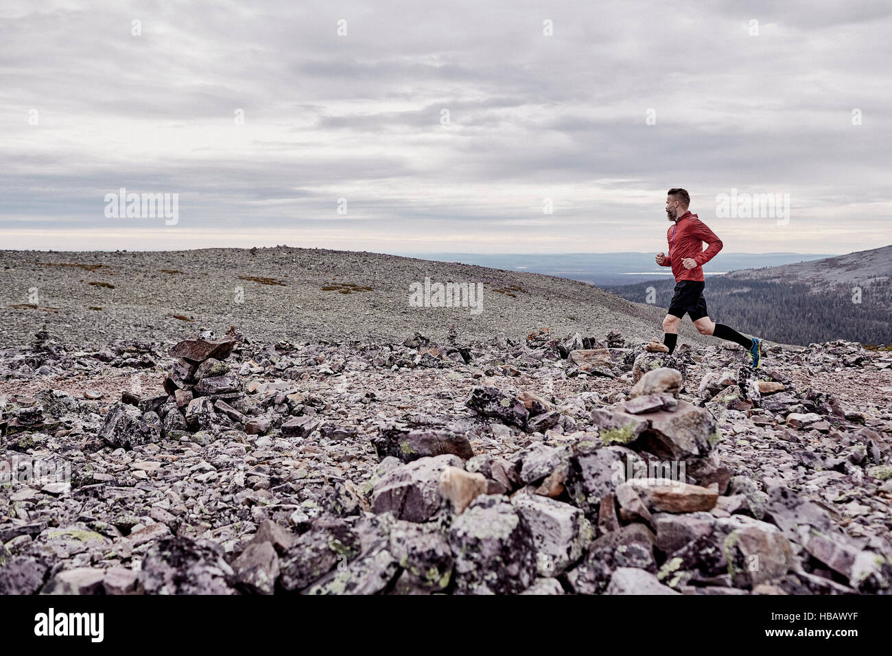 Man running on rocky cliff top, Kesankitunturi, Lapland, Finland Stock ...
