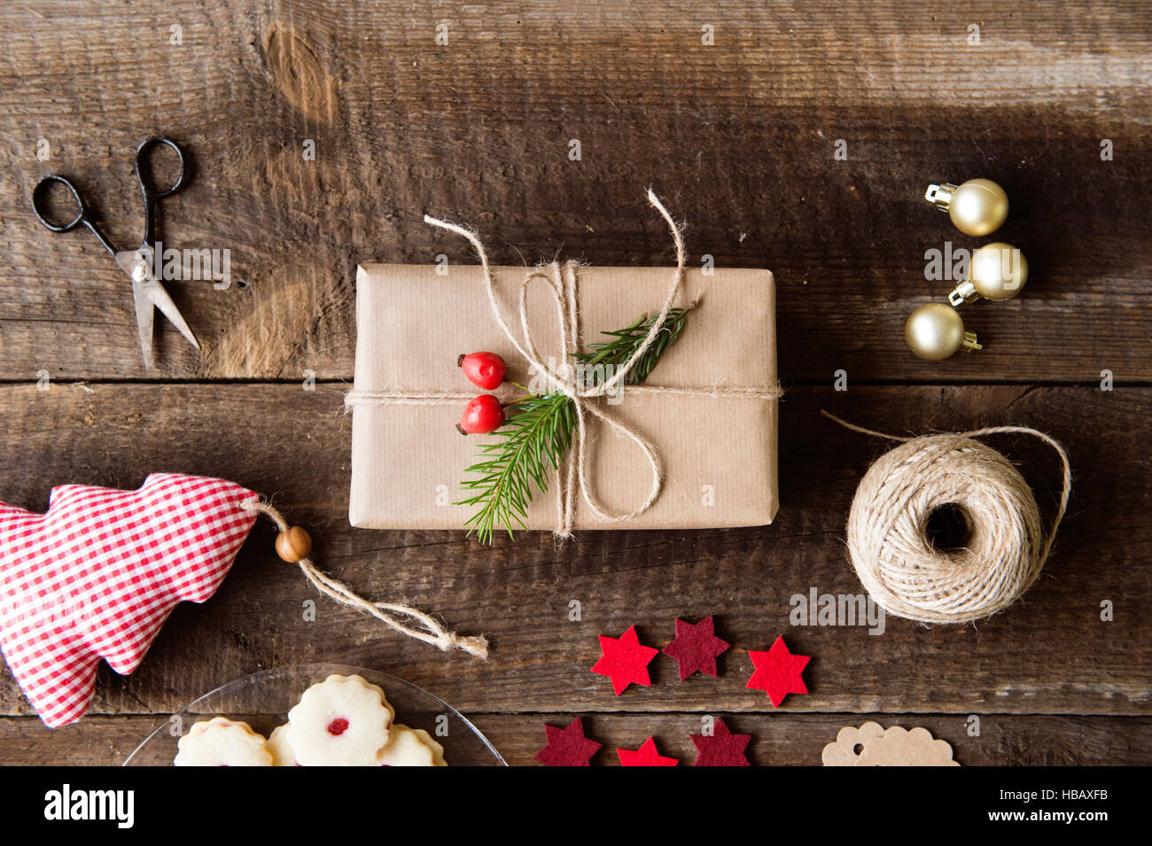 Beautifully wrapped Christmas presents, studio shot, wooden back Stock ...