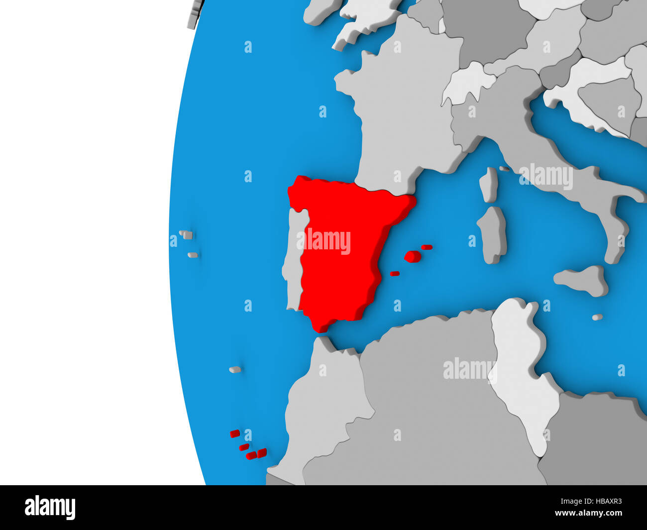 3D map of Spain focused in red on simple globe. 3D illustration Stock ...
