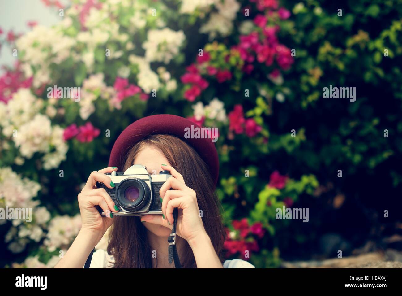 Girl Camera Photographer Focus Shooting Nature Concept Stock Photo - Alamy