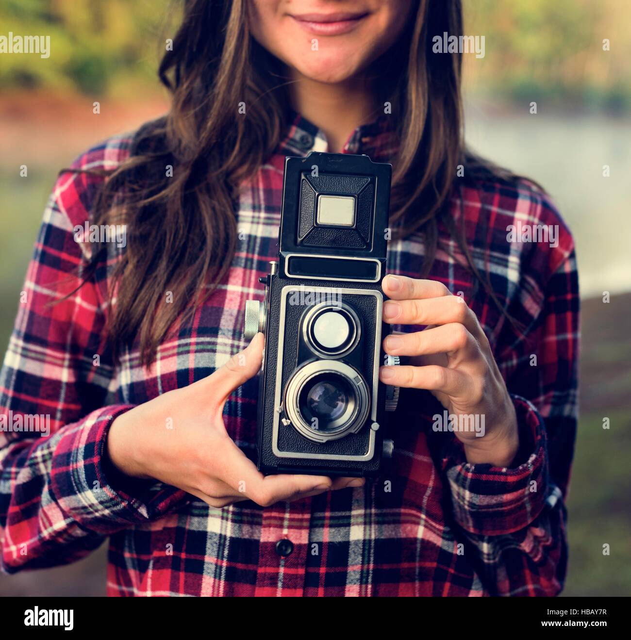 Girl Taking Pictures Outdoors Concept Stock Photo - Alamy