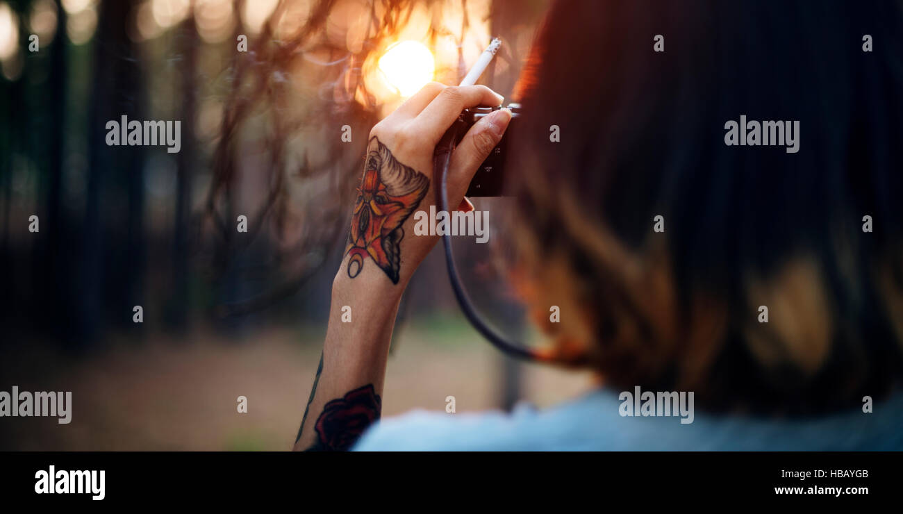 Photographer Camera Man Shooting Woods Nature Sunset Concept Stock ...