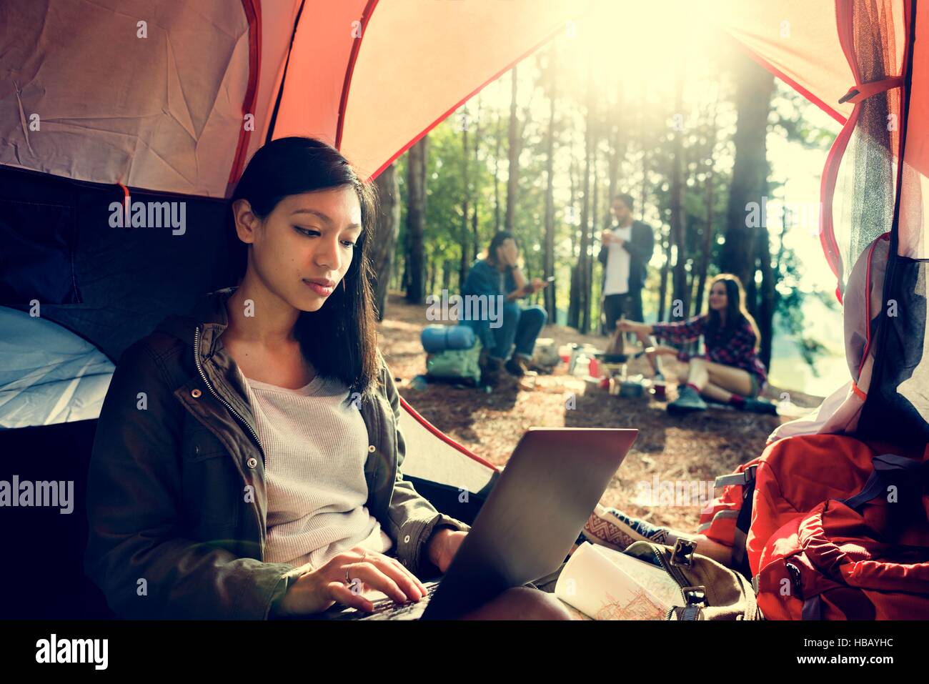Woman Using Laptop Traveling Destination Camping Concept Stock Photo ...
