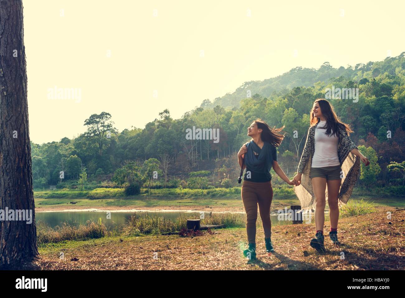 Girls Friends Exploring Outdoors Nature Concept Stock Photo - Alamy