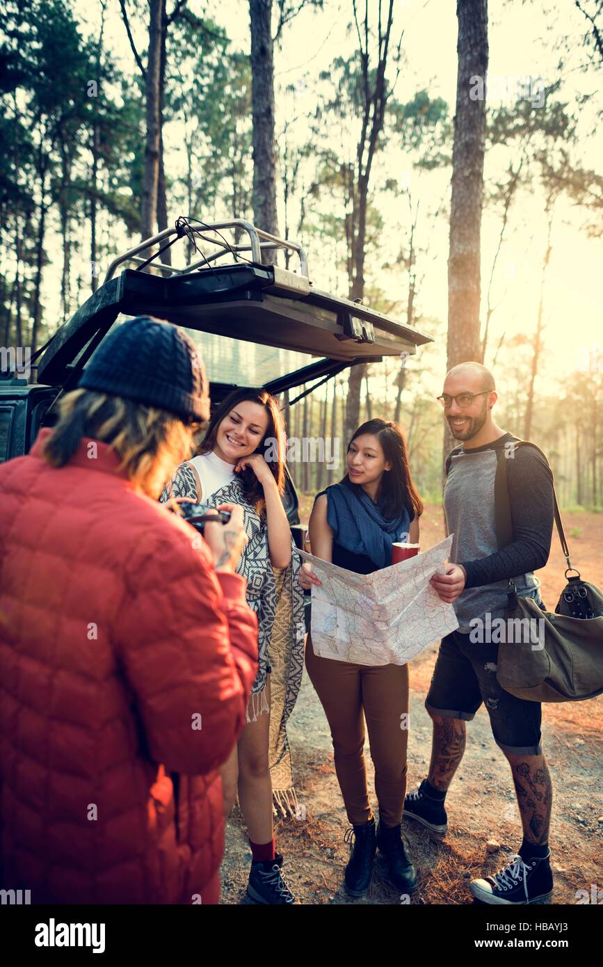 Friends Checking Map Outdoors Concept Stock Photo - Alamy