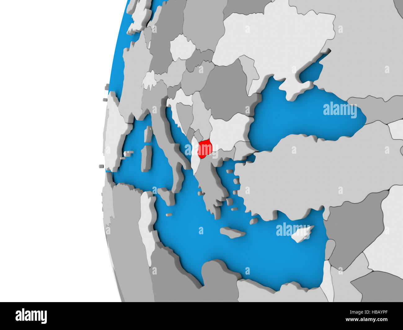 3D map of Macedonia focused in red on simple globe. 3D illustration ...