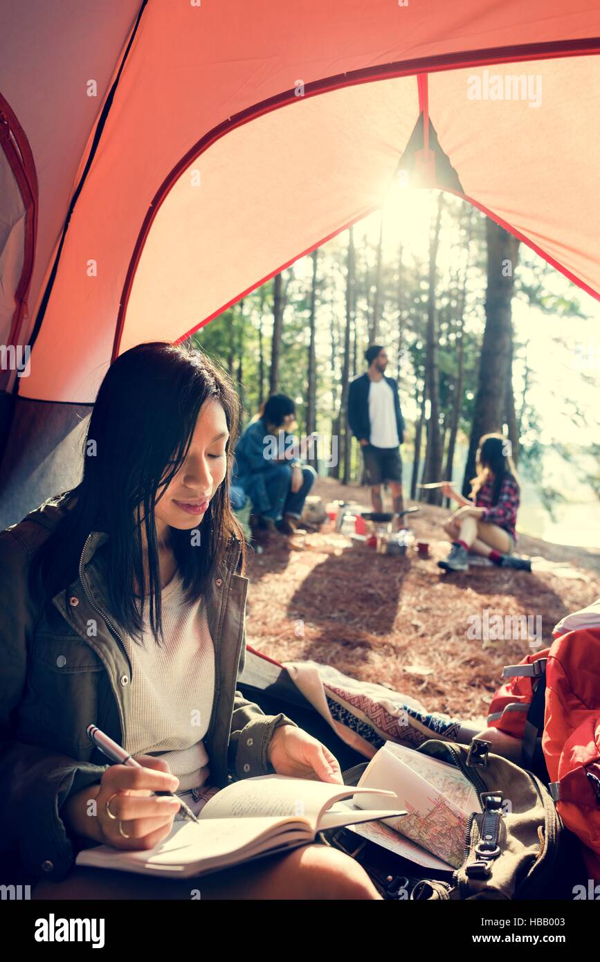 Woman Reading Traveling Destination Camping Concept Stock Photo - Alamy