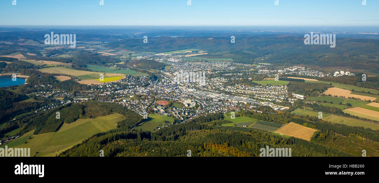 Aerial view, overview of Meschede from 1,000 meters above sea level ...