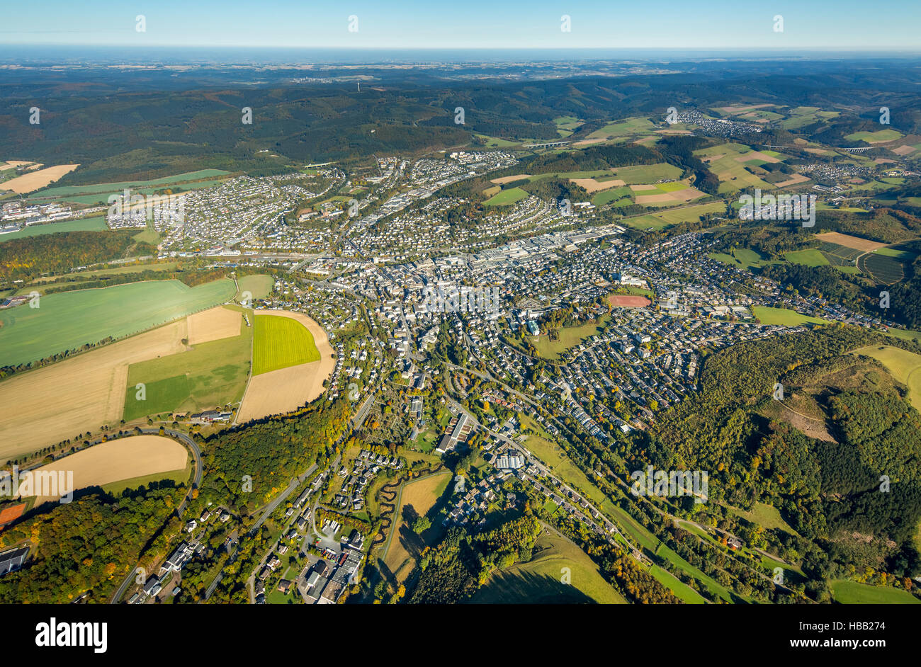 Aerial view, overview of Meschede from 1,000 meters above sea level ...