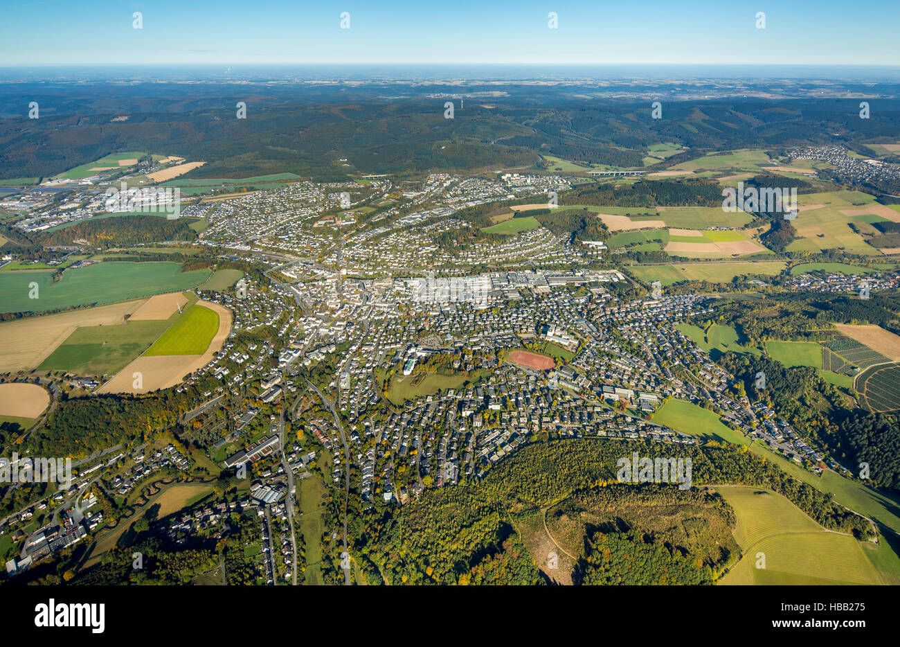 Aerial view, overview of Meschede from 1,000 meters above sea level ...