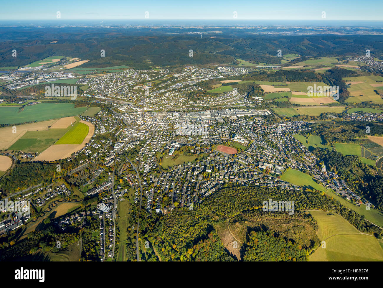 Aerial view, overview of Meschede from 1,000 meters above sea level ...