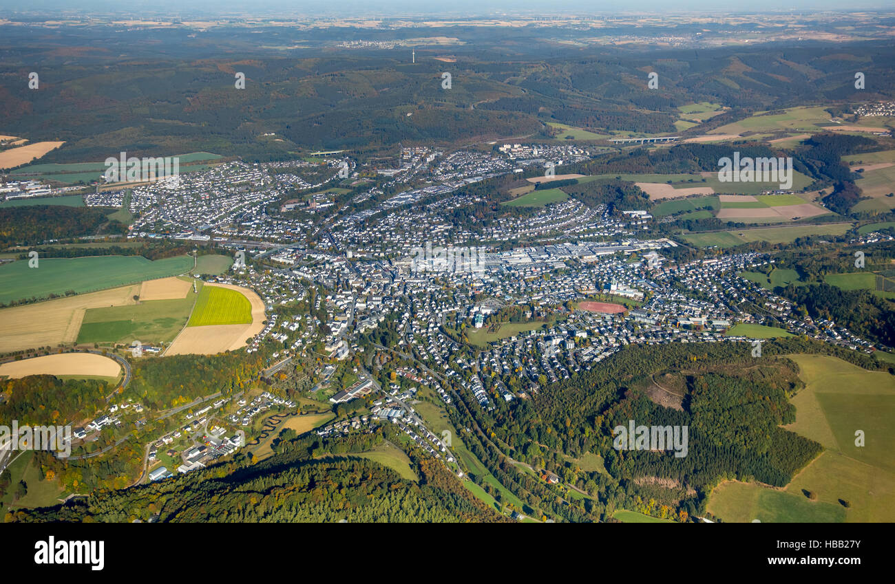 Aerial view, overview of Meschede from 1,000 meters above sea level ...