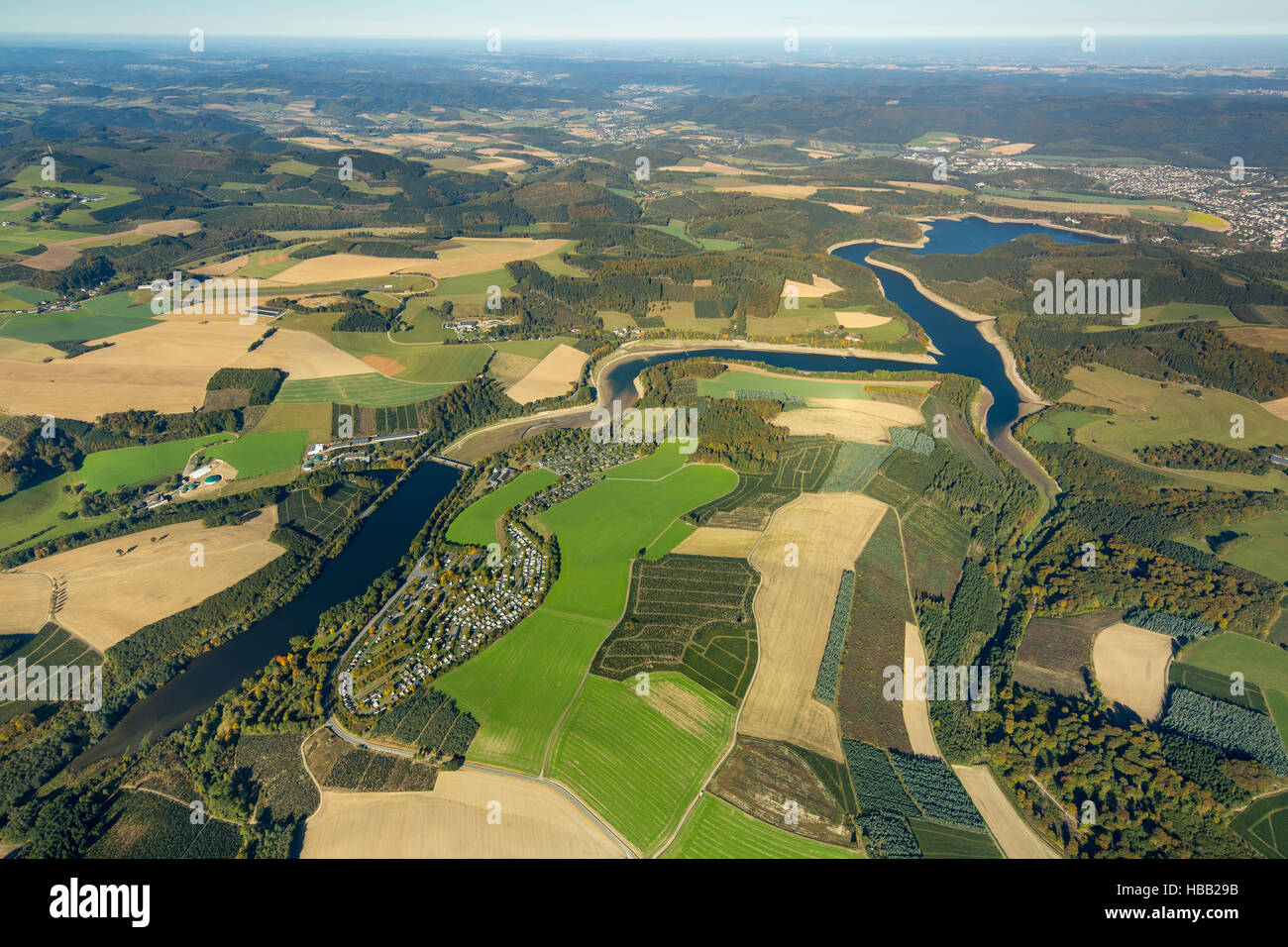 Aerial view, overview of the Hennesee, Henne lake, low water levels ...