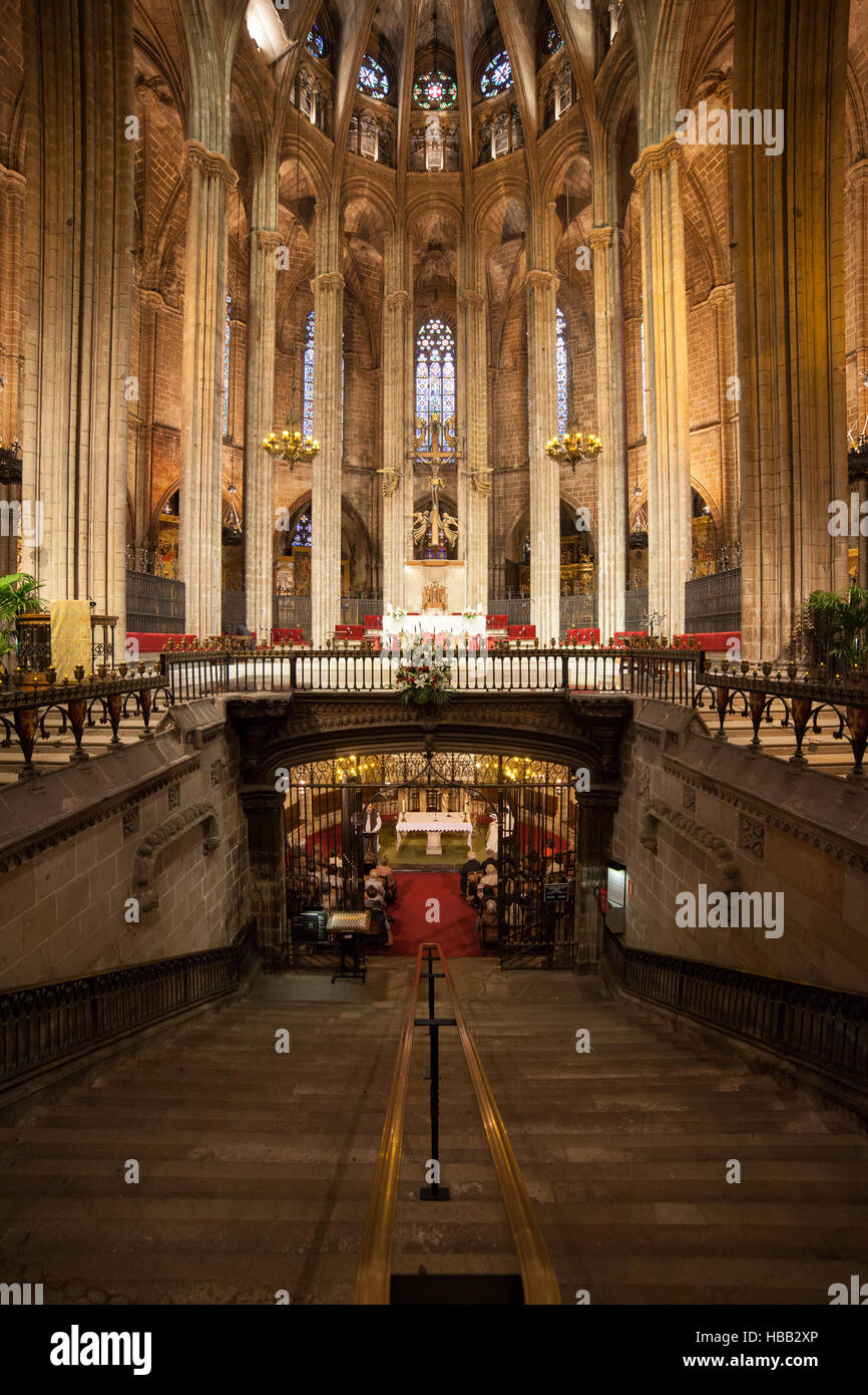 Spain, Barcelona Cathedral Gothic interior, high altar and crypt of ...