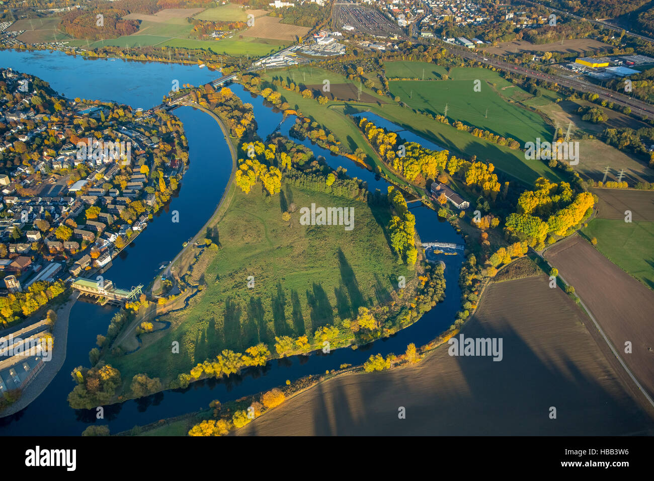 Aerial view, hydroelectric power station at the Ruhr, Obergraben ...