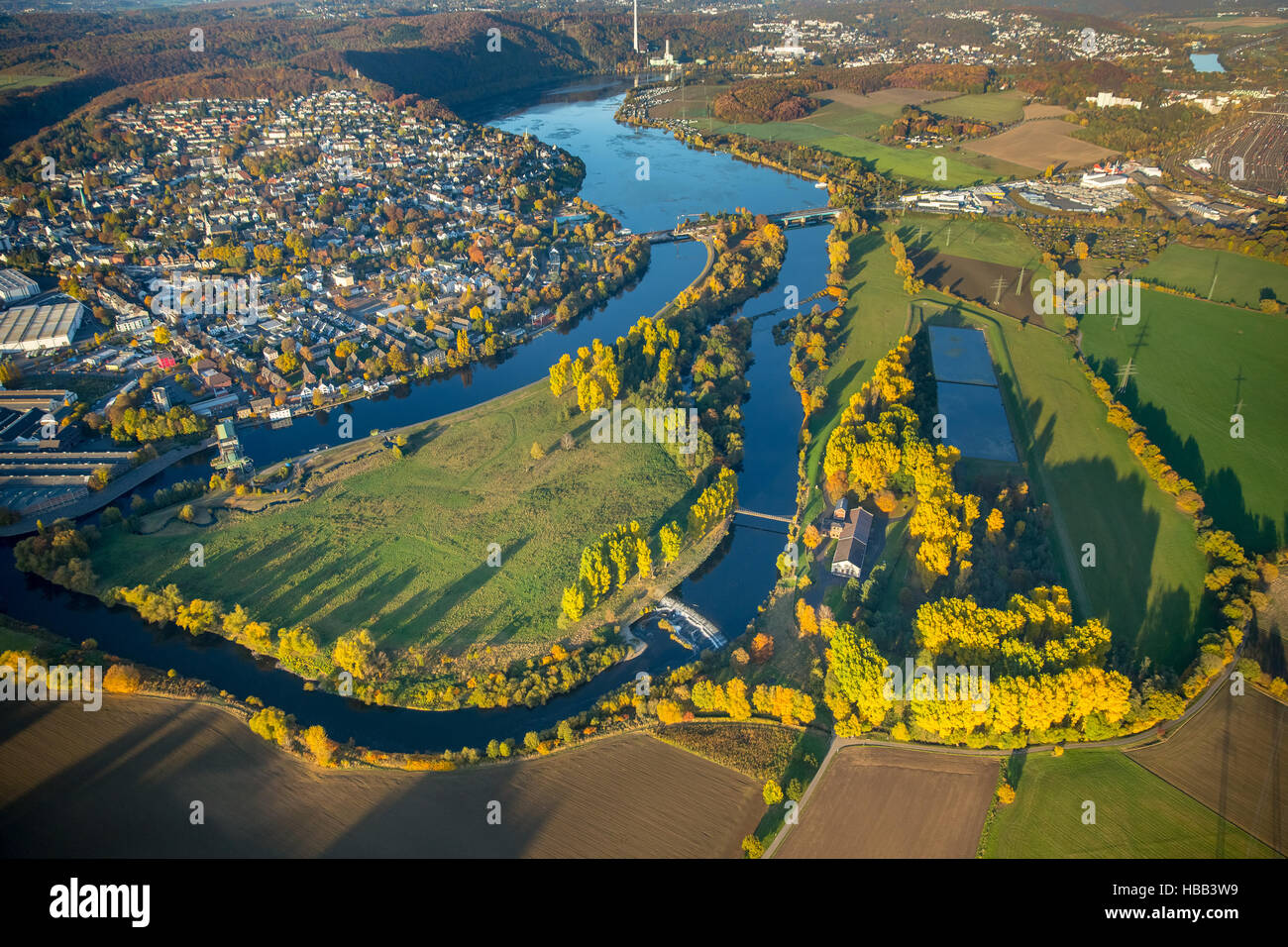 Aerial view, hydroelectric power station at the Ruhr, Obergraben ...