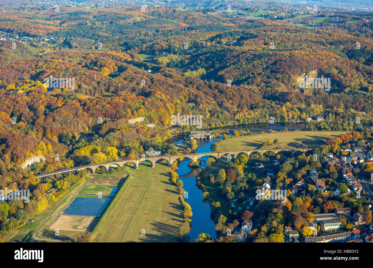 Aerial view, viaduct, railway bridge over the Ruhr area, Ruhr Valley ...