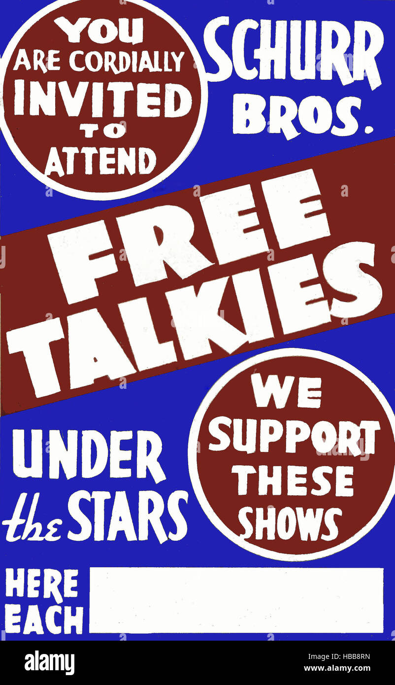 Movies, poster advertising the showing of free talking films. Text ...