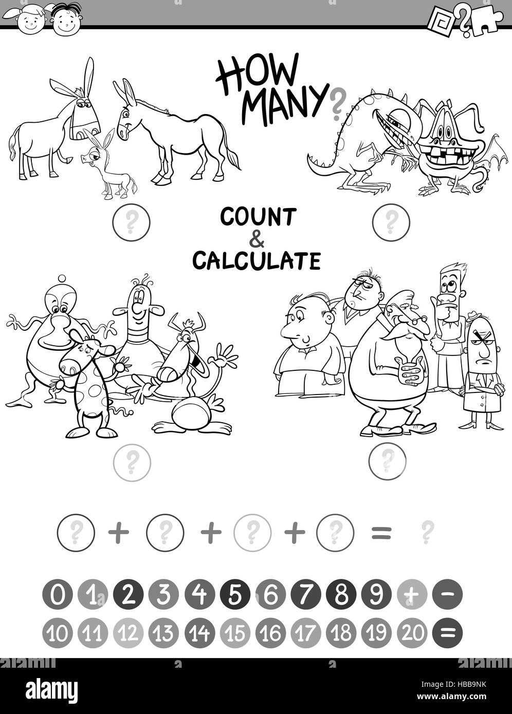 Cartoon illustration educational counting math Black and White Stock ...