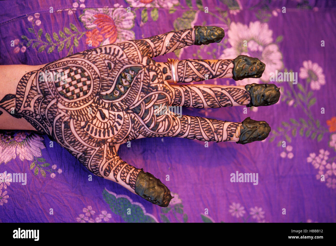 Inde, Rajasthan, Main dessiné au henné // India, Rajsthan, Hand with ...