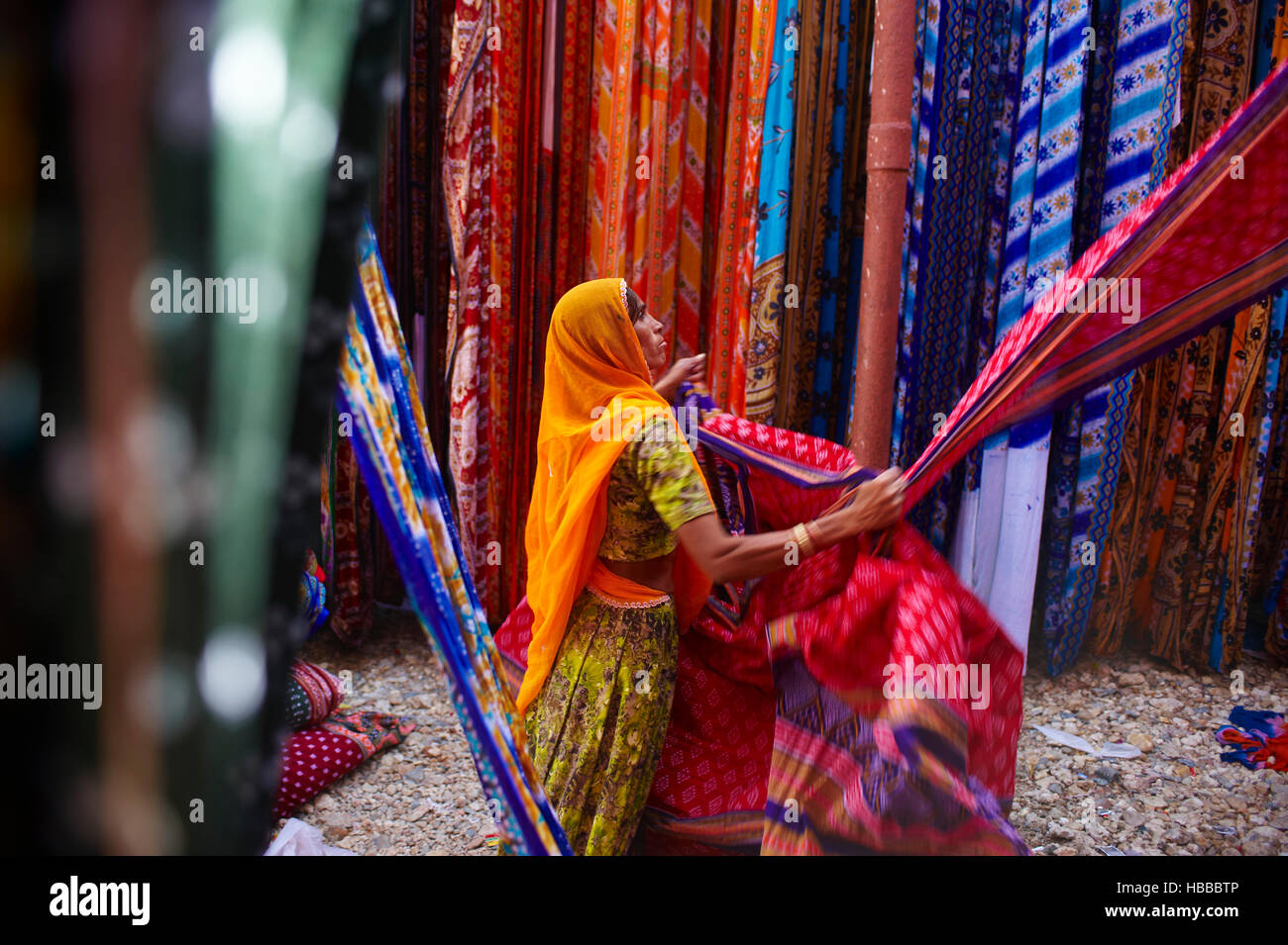 India, Rajasthan, Sari Factory, Textile are dried in the open air ...