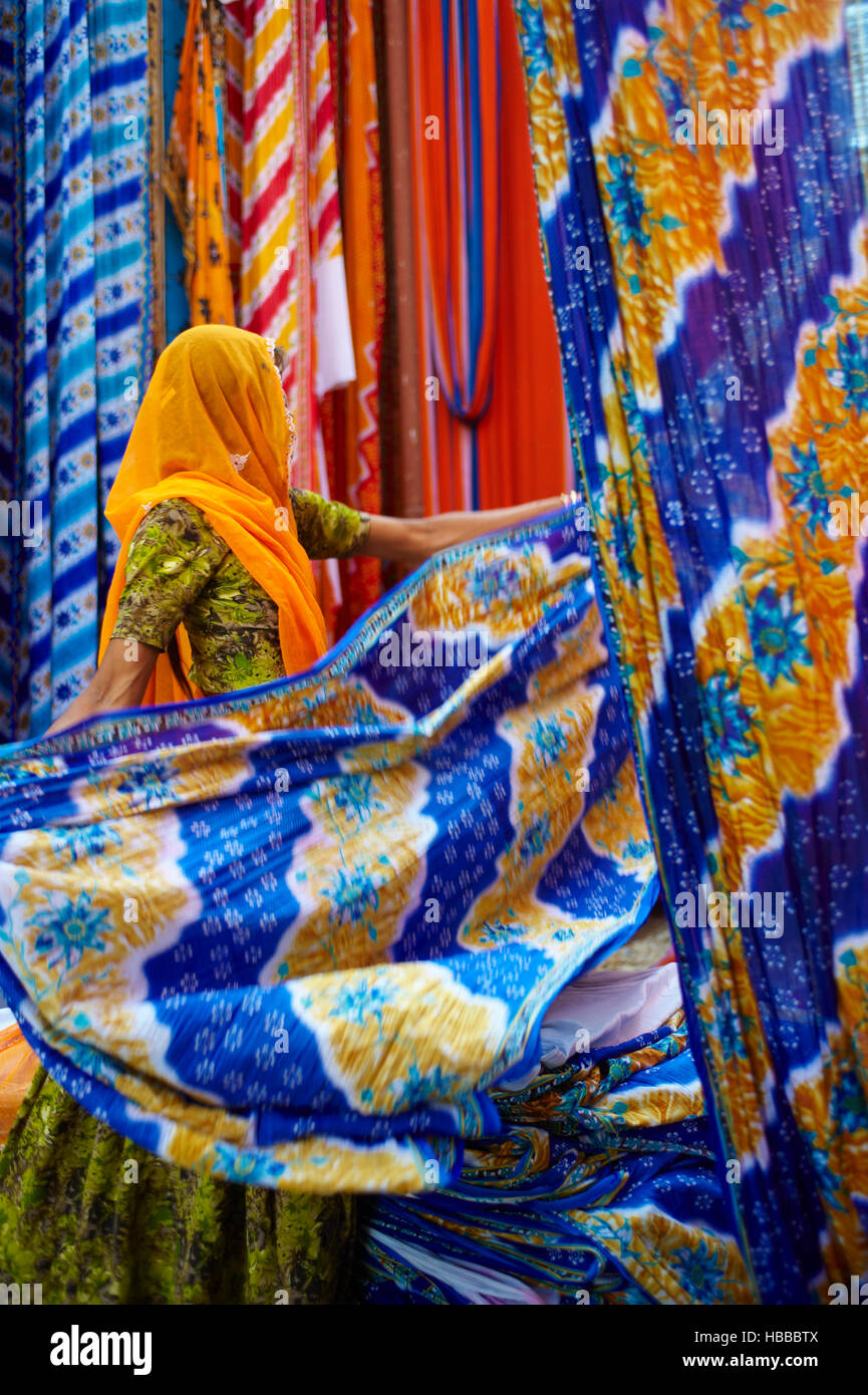 India, Rajasthan, Sari Factory, Textile are dried in the open air ...