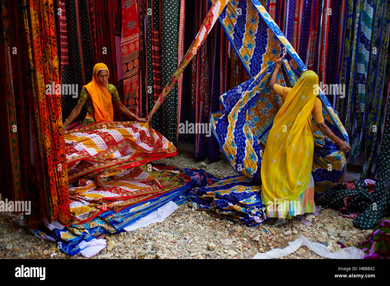 India, Rajasthan, Sari Factory, Textile are dried in the open air ...