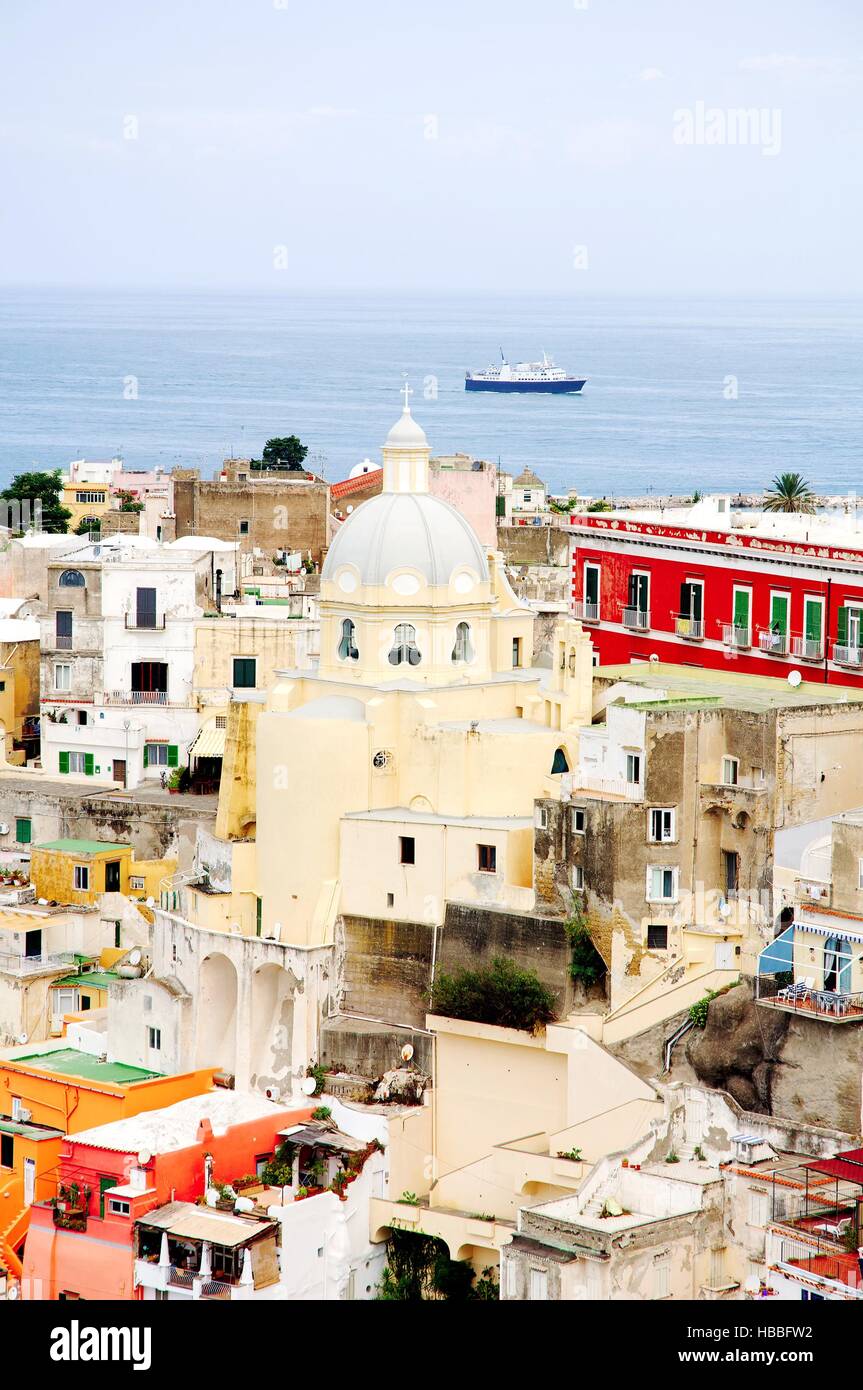 Procida island near Naples, Italy - view of a church, old buildings and ...