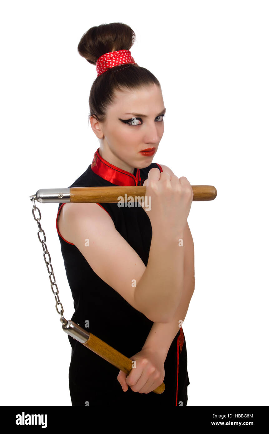 Funny woman with nunchucks isolated on white Stock Photo - Alamy