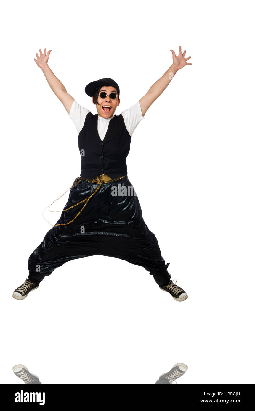 Funny young man dancing isolated on white Stock Photo - Alamy