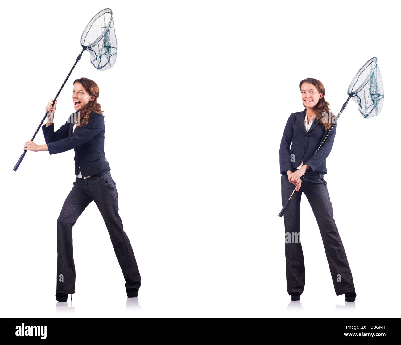 Woman with net isolated on white Stock Photo - Alamy