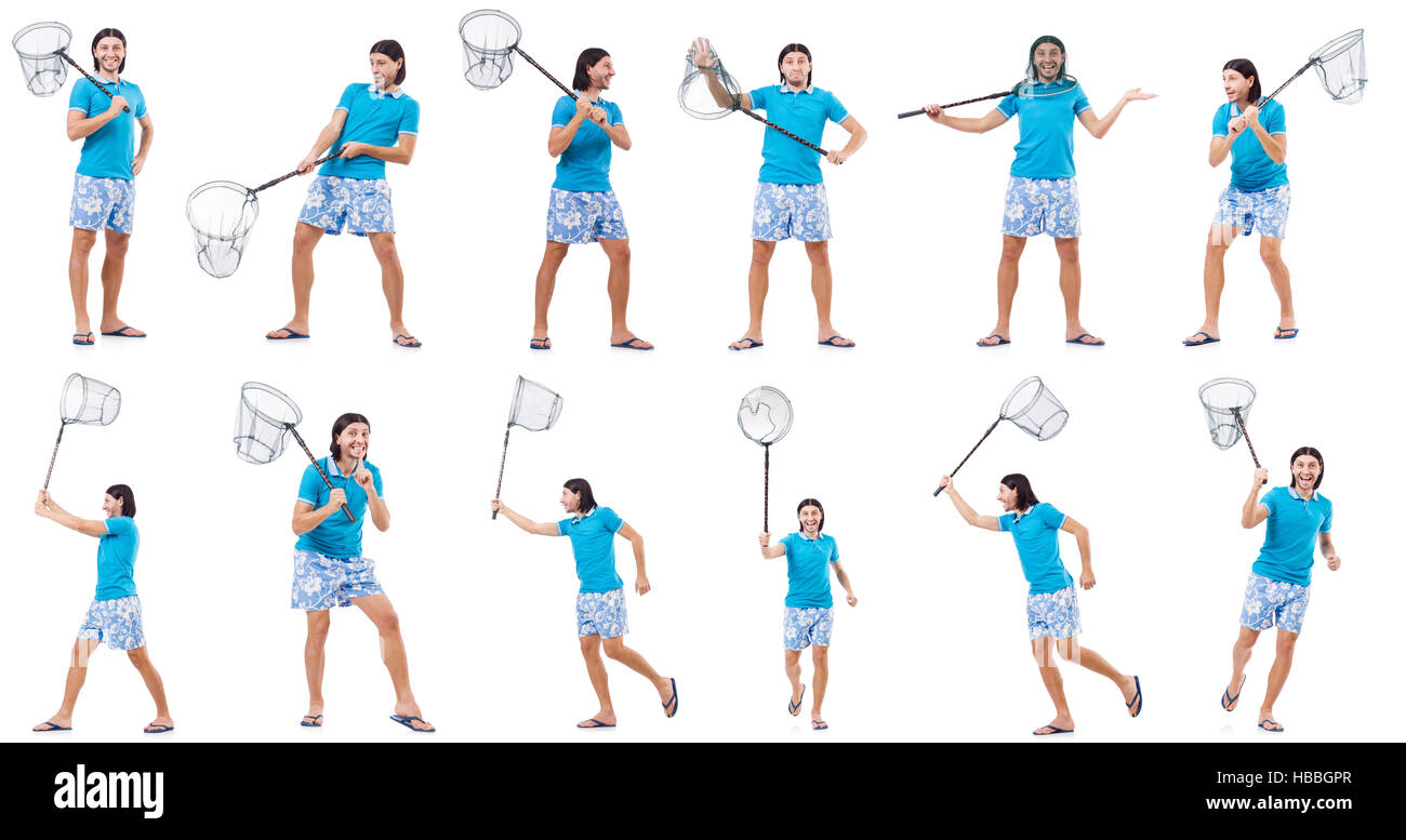 Man with big catching net isolated on white Stock Photo - Alamy