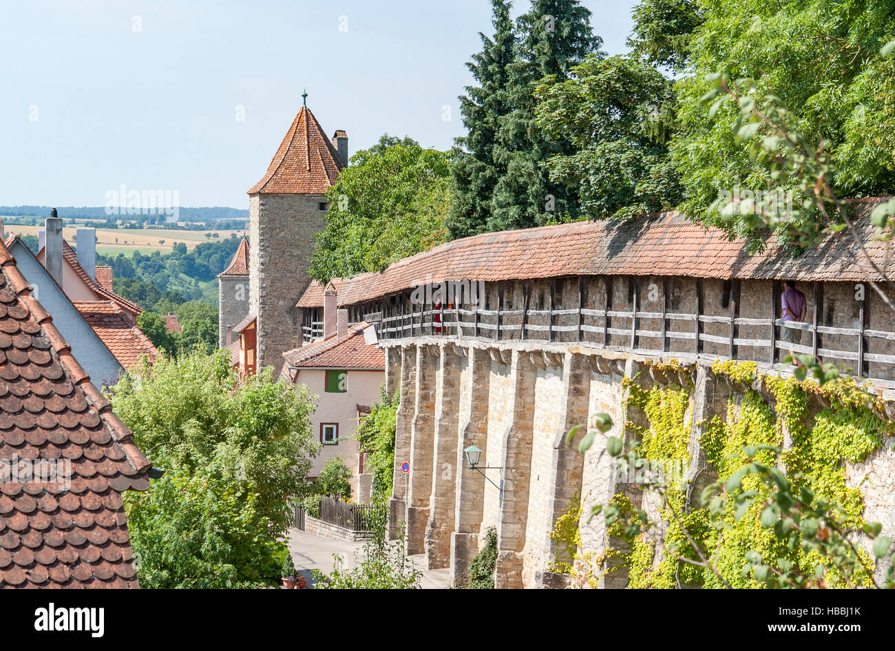 city view with town wall in Rothenburg ob der Tauber, a town in Middle ...