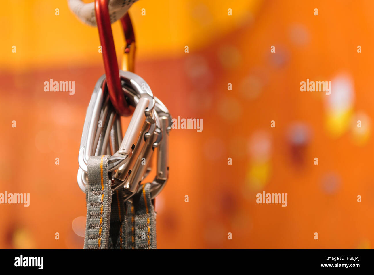 Close up of insurance climbing equipment hanging in gym Stock Photo - Alamy