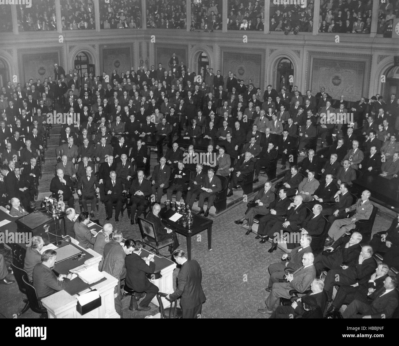 President Franklin D. Roosevelt (at desk), reports before Congress on ...