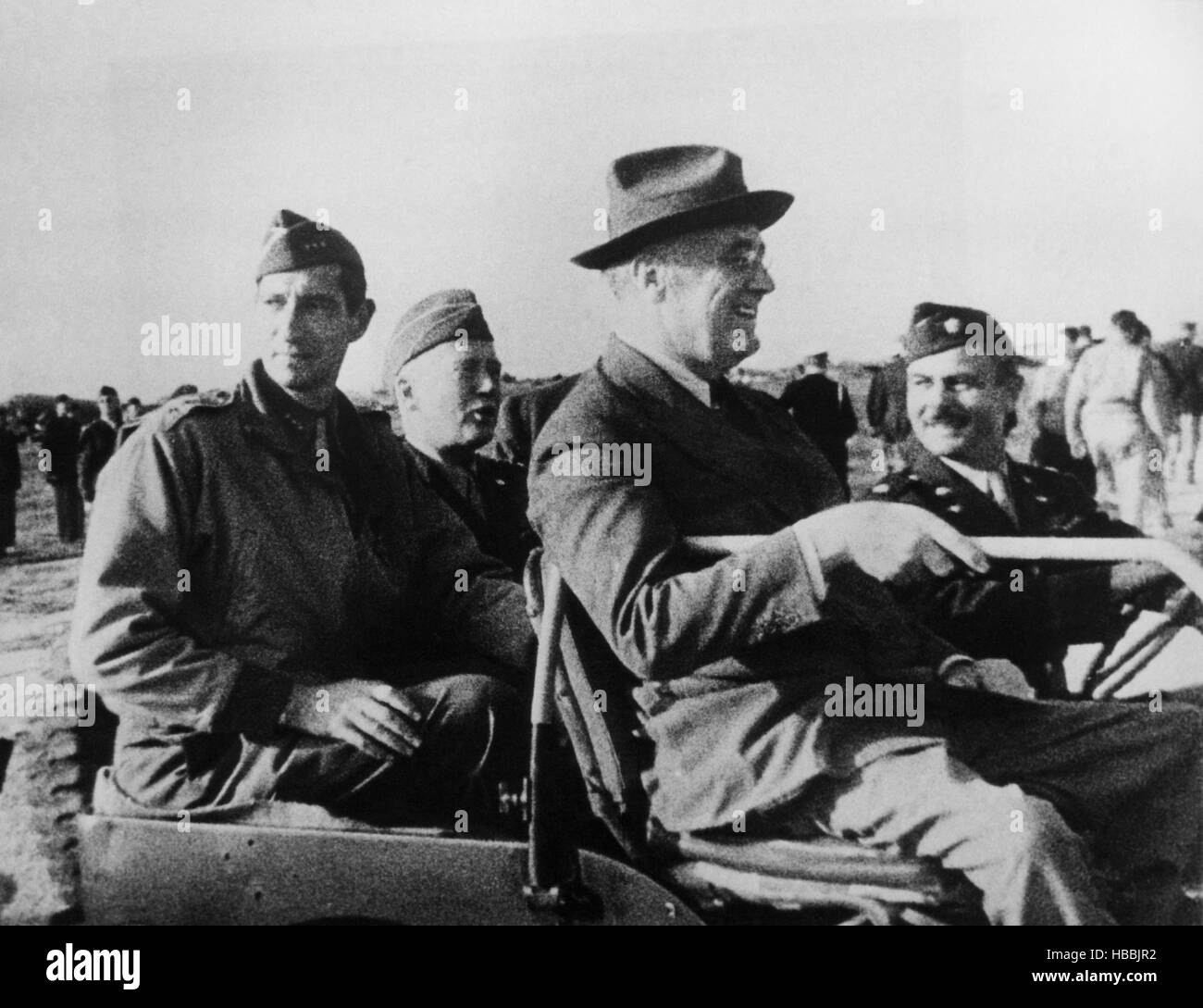 President Franklin D. Roosevelt (front right), at an army base in ...