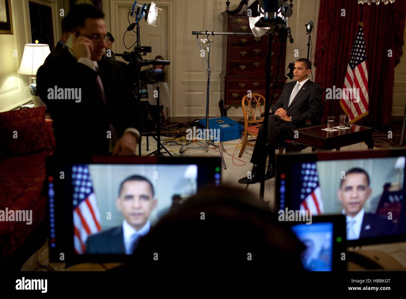 President Barack Obama conducting interviews in the Map Room of the ...
