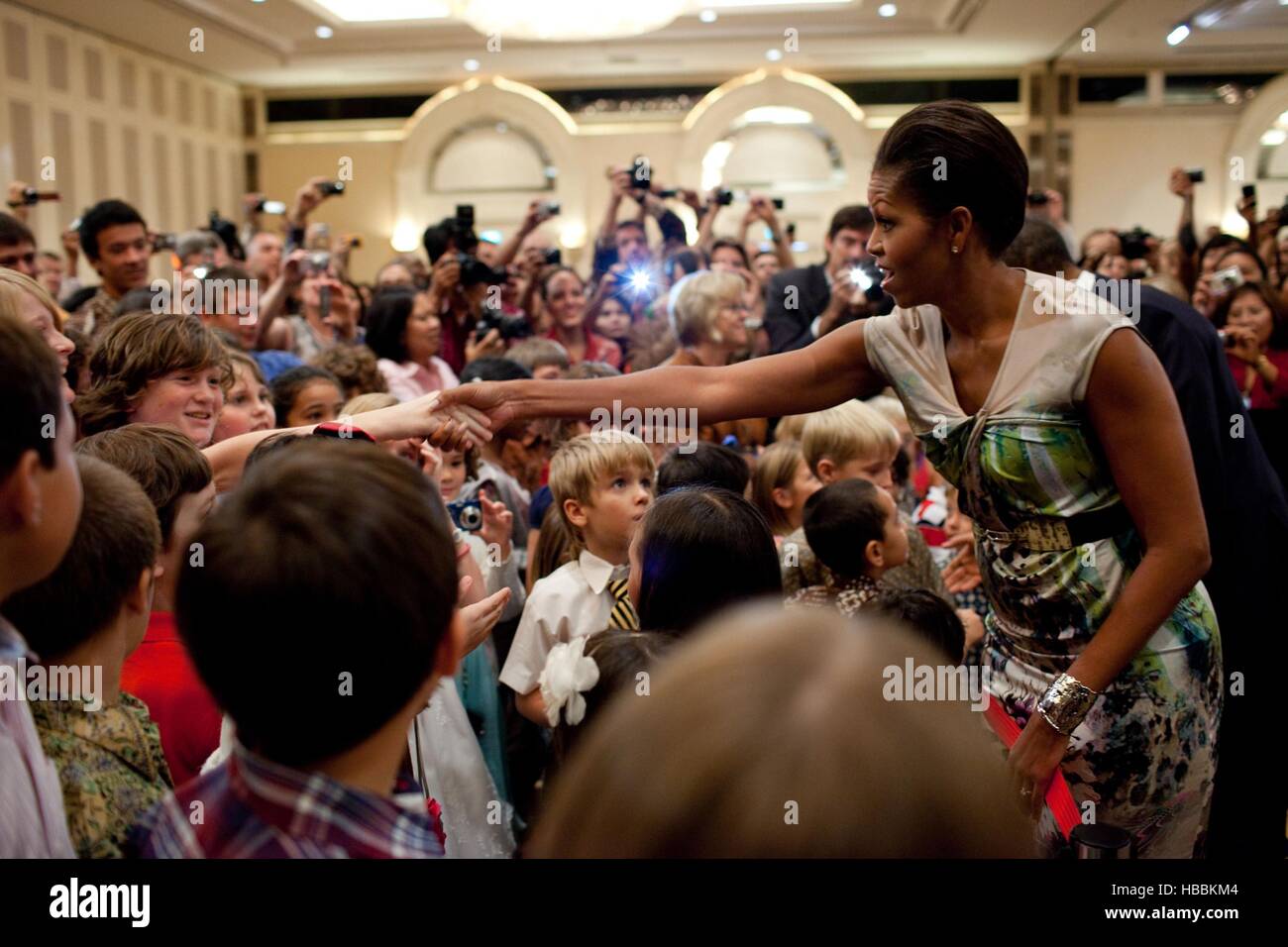 First Lady Michelle Obama greets children of U.S. Embassy staff at the ...