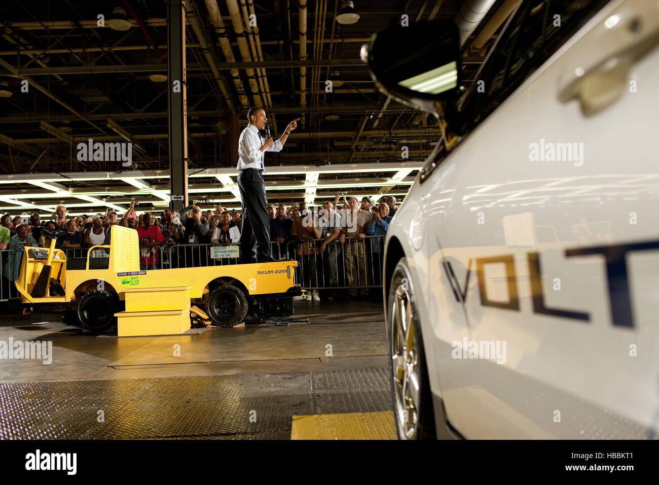 President Obama speaks to General Motors workers from the back of a ...