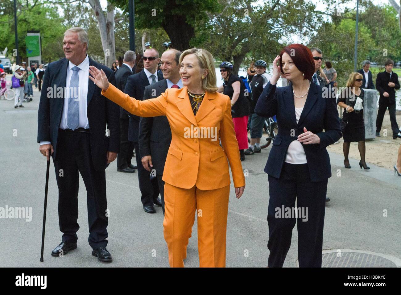 Hillary Clinton waves to the crowd during her walk with Australian ...