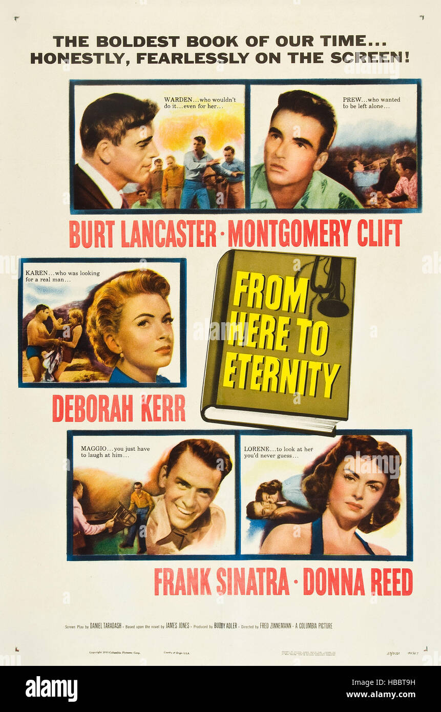 FROM HERE TO ETERNITY, US poster art, from left: Burt Lancaster, Montgomery Clift, Deborah Kerr ...