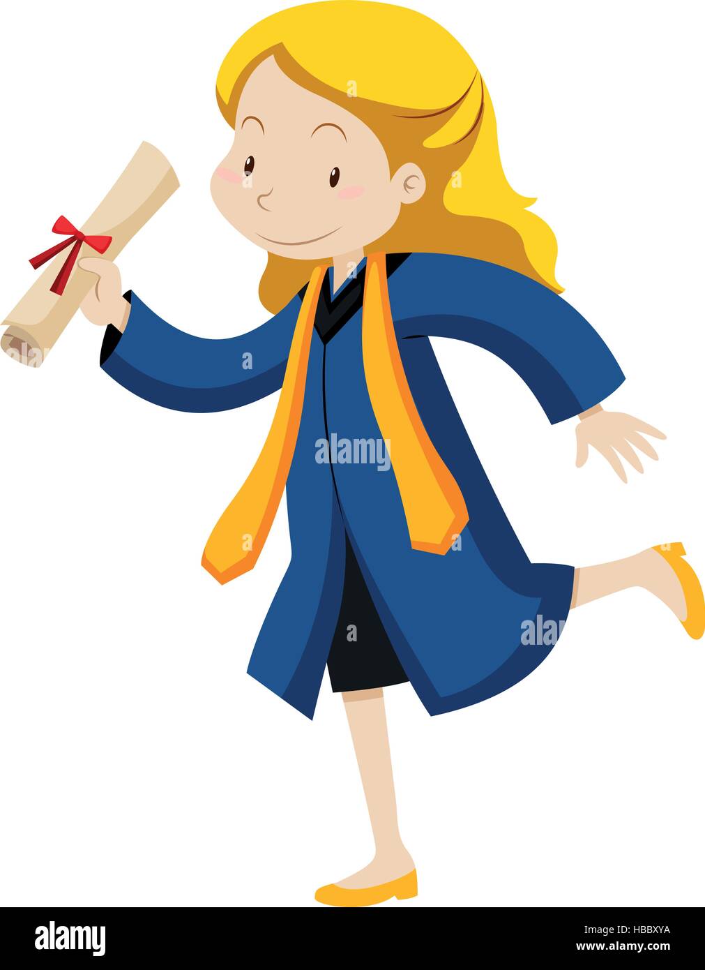 Woman in graduation gown running with degree illustration Stock Vector ...