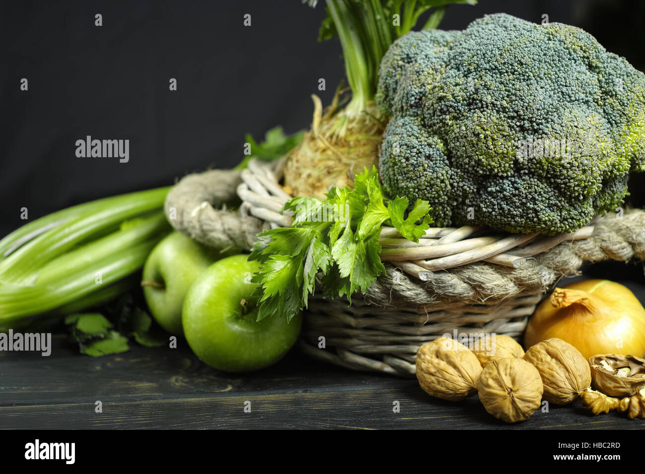 Green vegetables and fruits - celery, apples, celery root celeriac ...