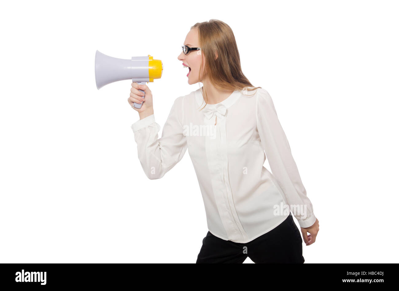 Woman with loudspeaker isolated on white Stock Photo - Alamy