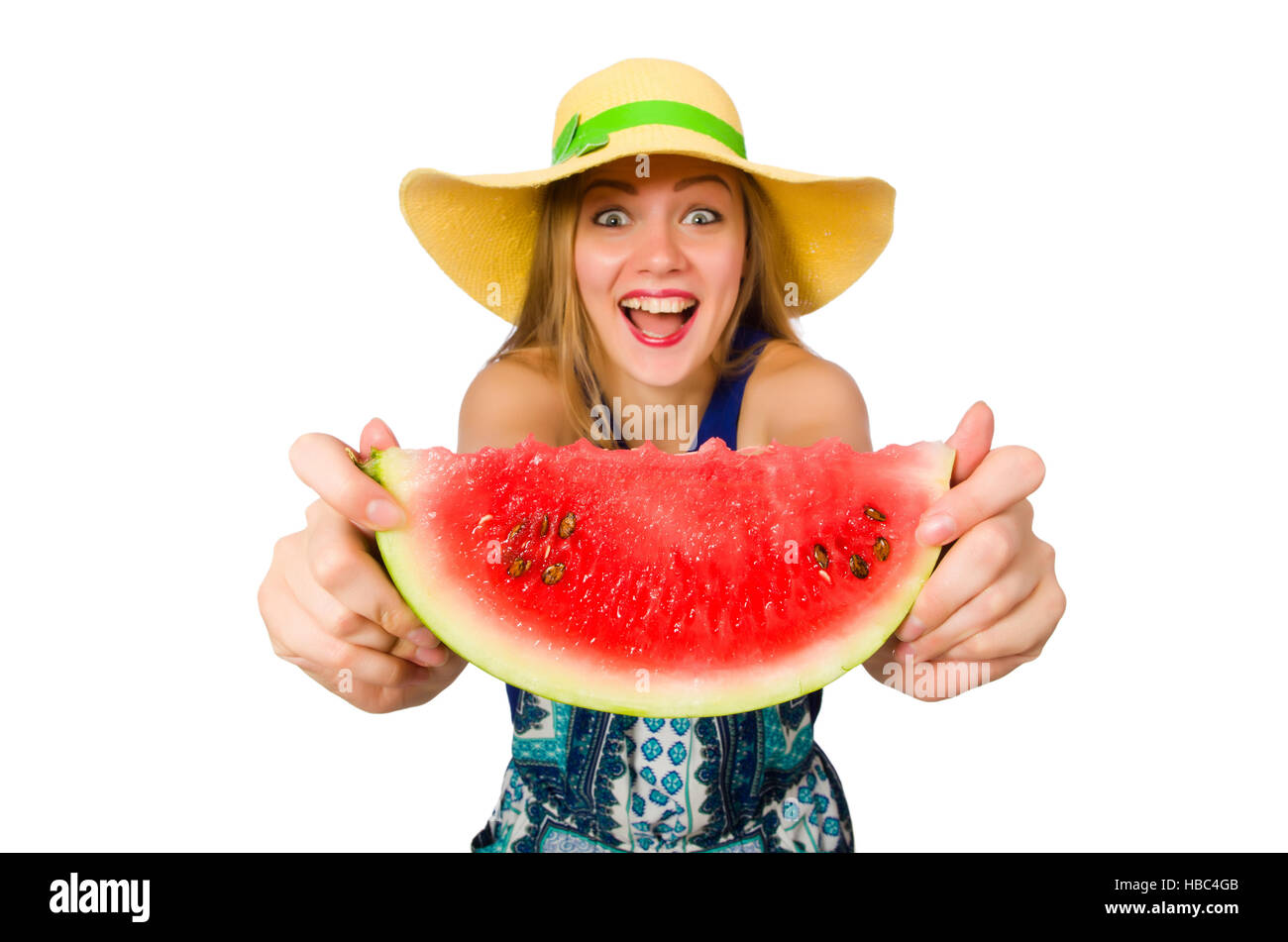 Woman eating watermelon isolated on white Stock Photo - Alamy